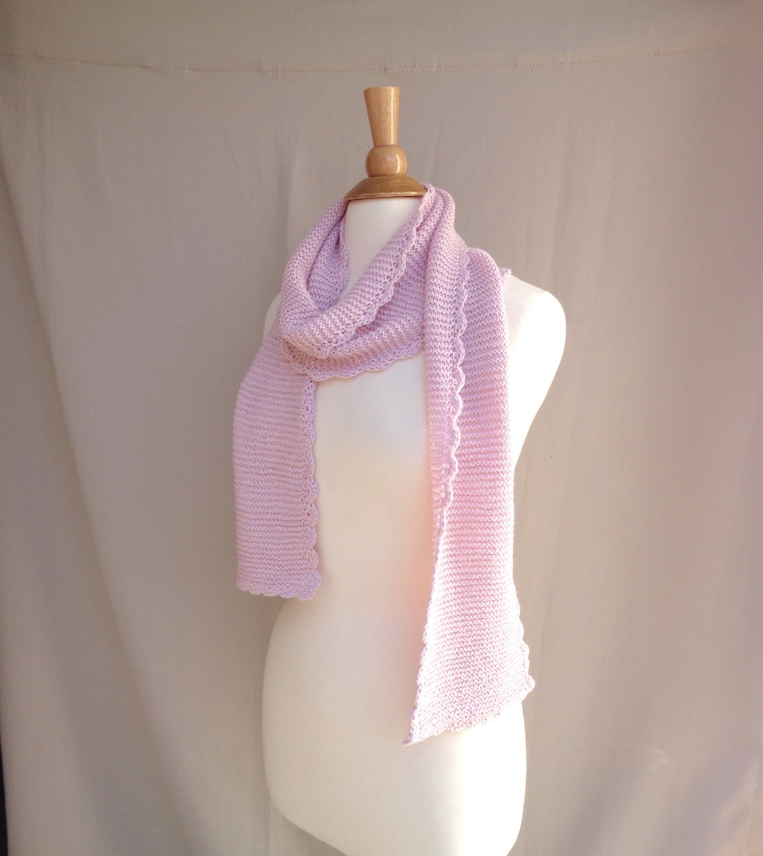 Alpaca Wool Scarf With Scallops, Pale Pink, Hand Knit Natural Fiber ...