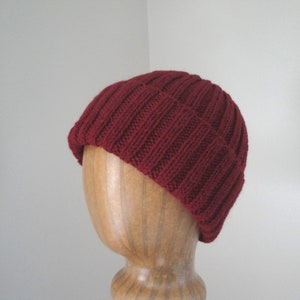 XL Mens Hat, BURGUNDY RED, Hand Knit, 100% Wool, Beanie Hat, Watch Cap ...