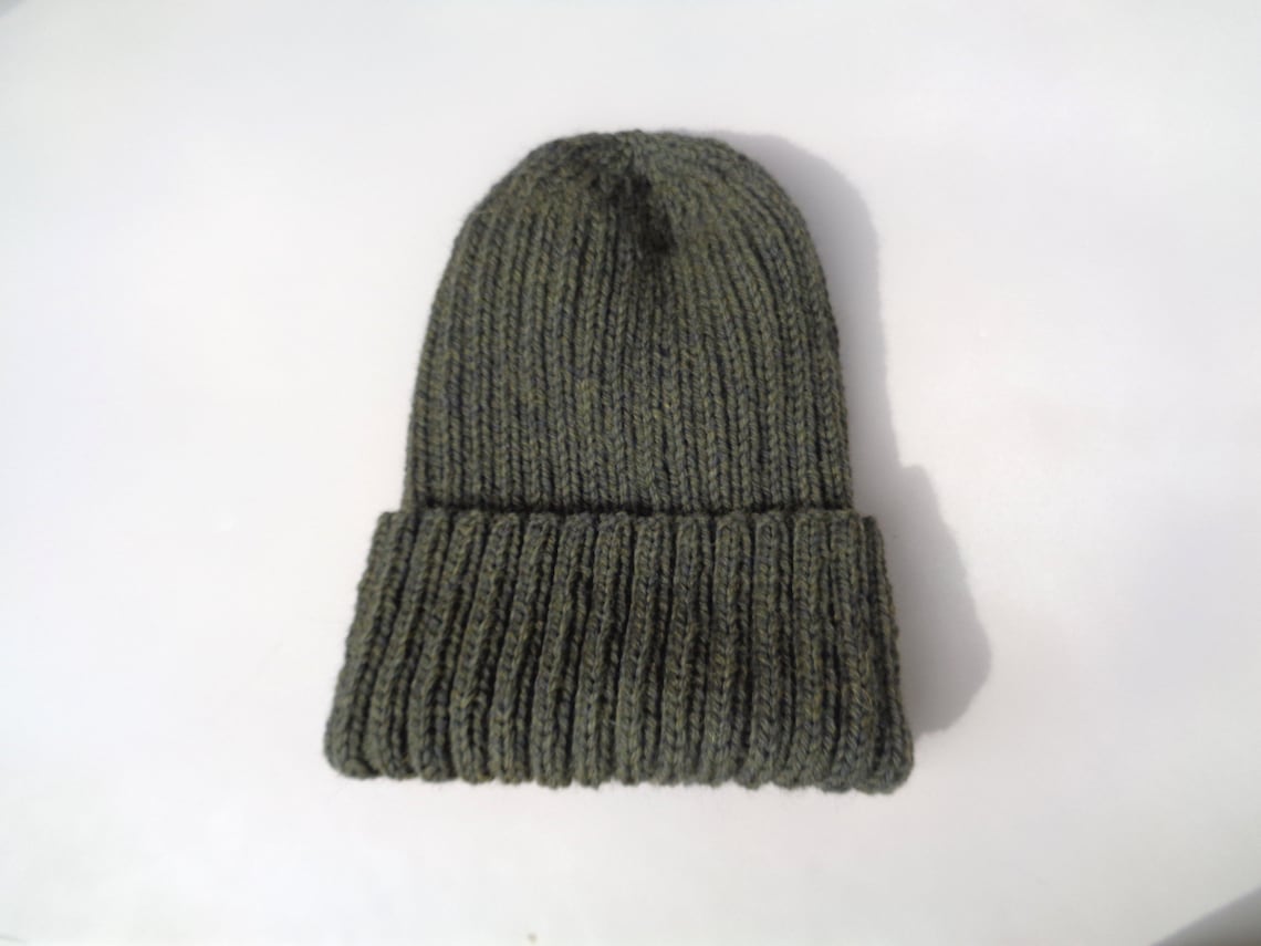 XL Mens Hat, Olive Green, Watch Cap With Folded Brim, Hand Knit ...