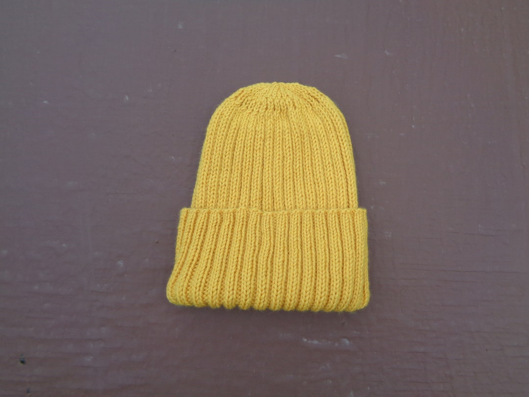XL Mens Hat, Gold Yellow, Watch Cap With Folded Brim, Hand Knit ...