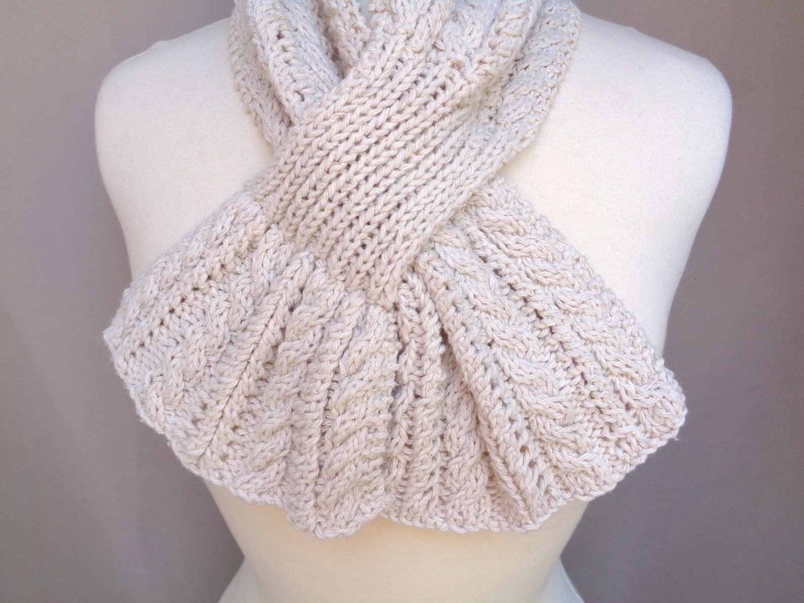 Keyhole Scarf With Cables Hand Knit Natural Beige Cotton - Etsy