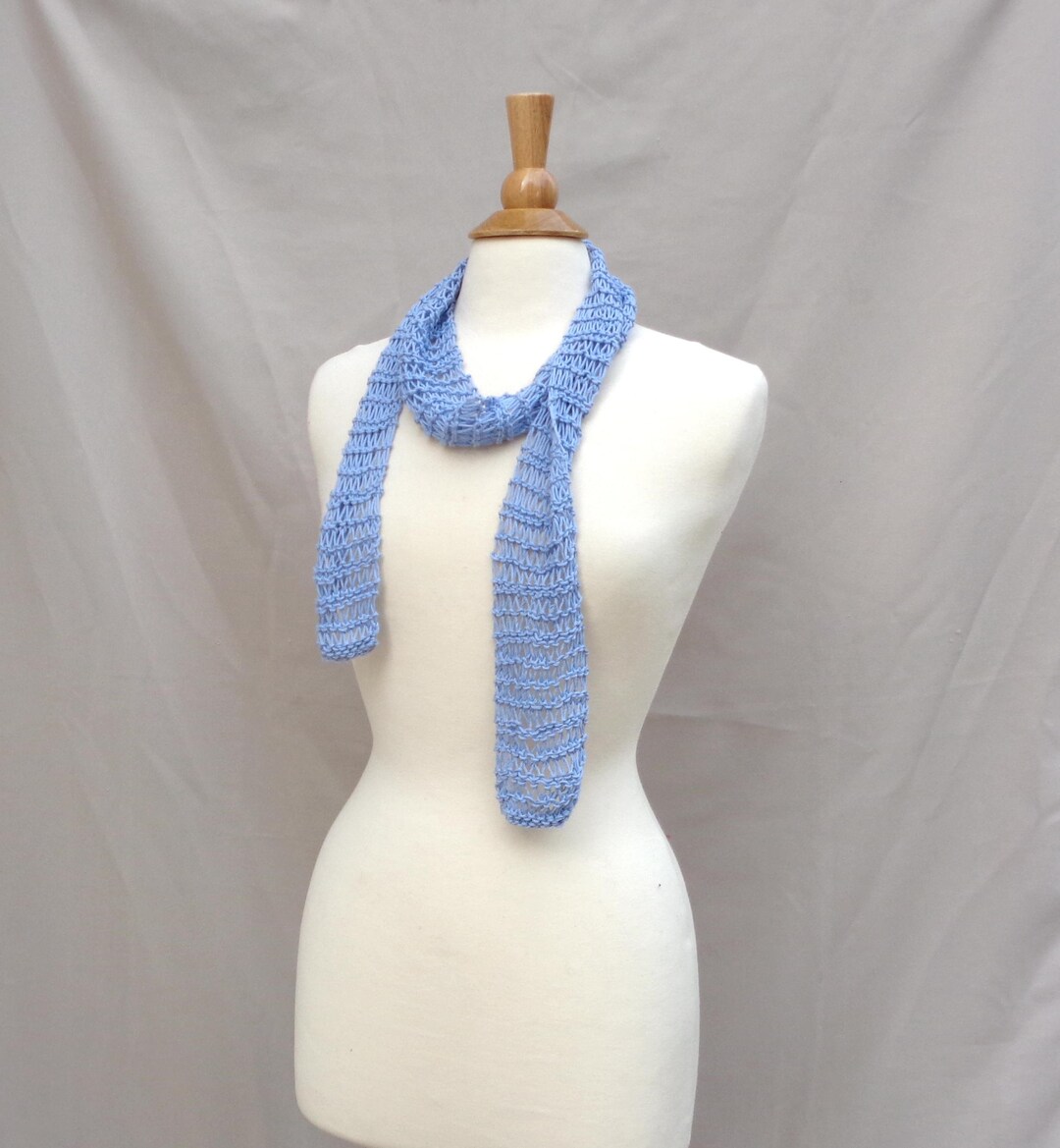 Periwinkle Blue Skinny Scarf, Mesh Lace, Pale Blue, Hand Knit, Thin ...