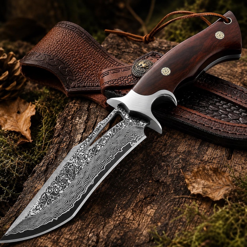 Hand Forged Damascus Steel Camping Knife, Rosewood Handle, Leather ...