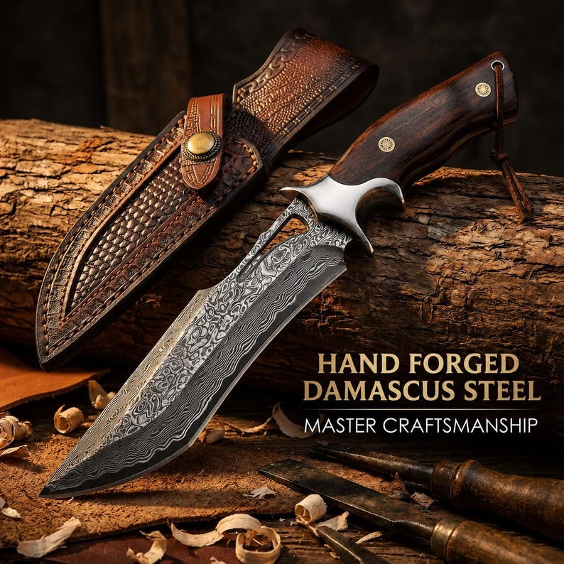 Hand Forged Damascus Steel Camping Knife, Rosewood Handle, Leather ...