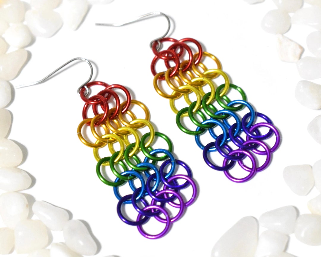 Rainbow Mesh Jump Ring Earrings, Colorful Mesh Chain Earrings, Spectrum ...