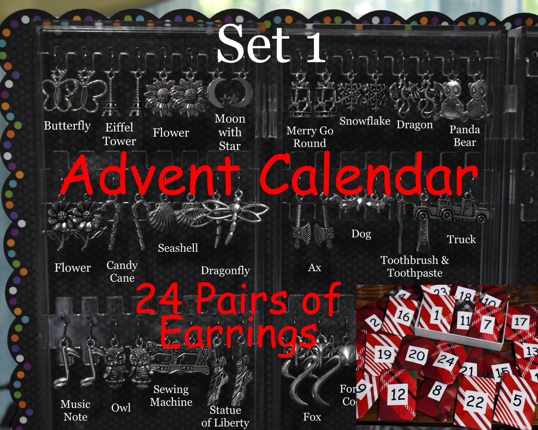 Earring Advent Calendar, 24 Pairs of Earrings, Silver Charm Earring Set ...