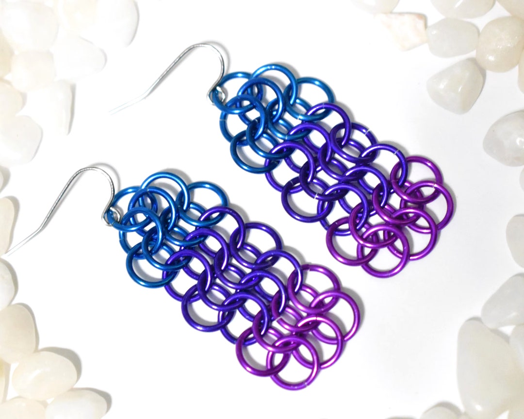 Blue & Purple Mesh Jump Ring Earrings, Purple and Blue Mesh Chain ...