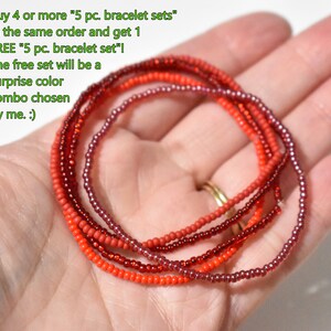 Ruby & Peach Bracelet Set, 11/0 Seed Bead Stretch Bracelets, 5 Bracelet ...