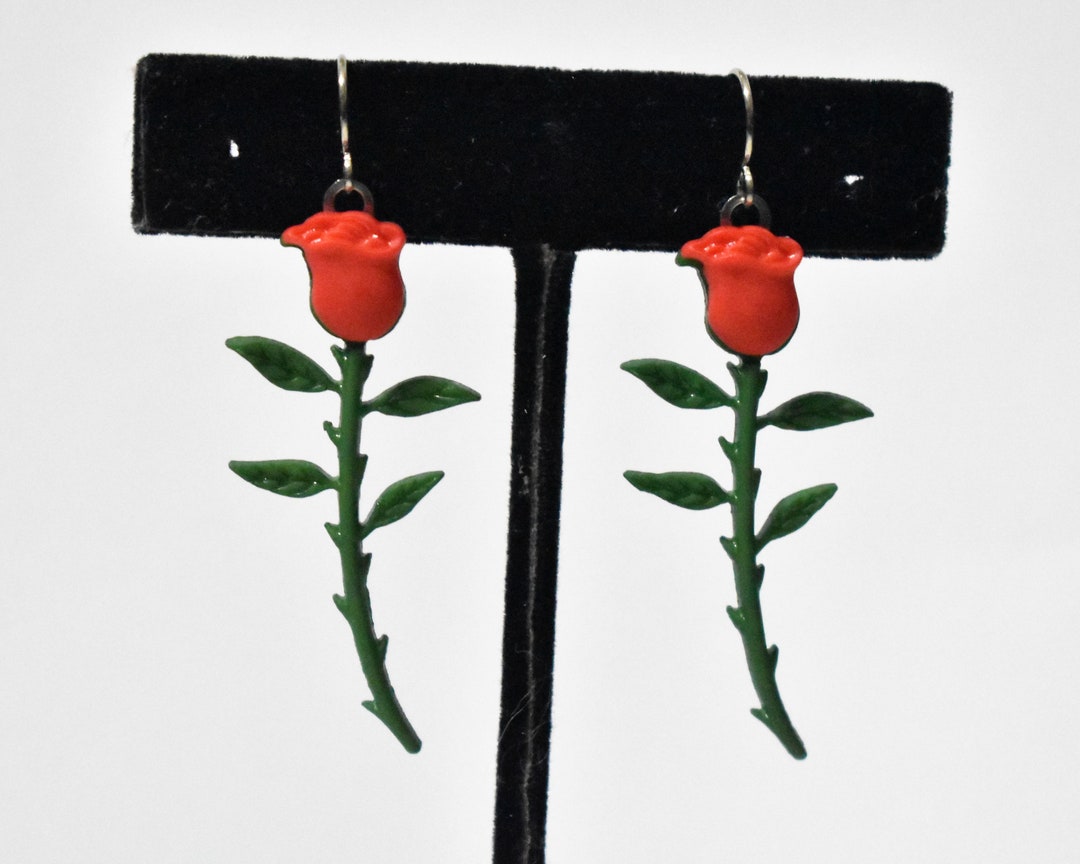 Rose Earrings - Long Stem Rose - Wear for Valentine's Day! - CE454 - Etsy