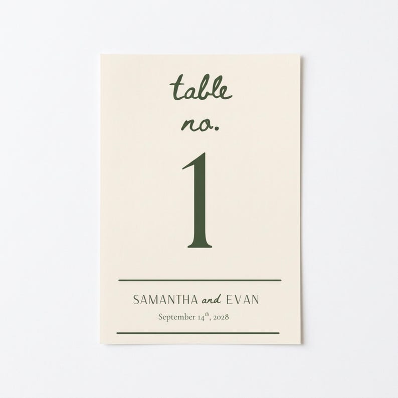 Forest Green Minimalist Wedding Table Numbers, Ivory Template (digital ...