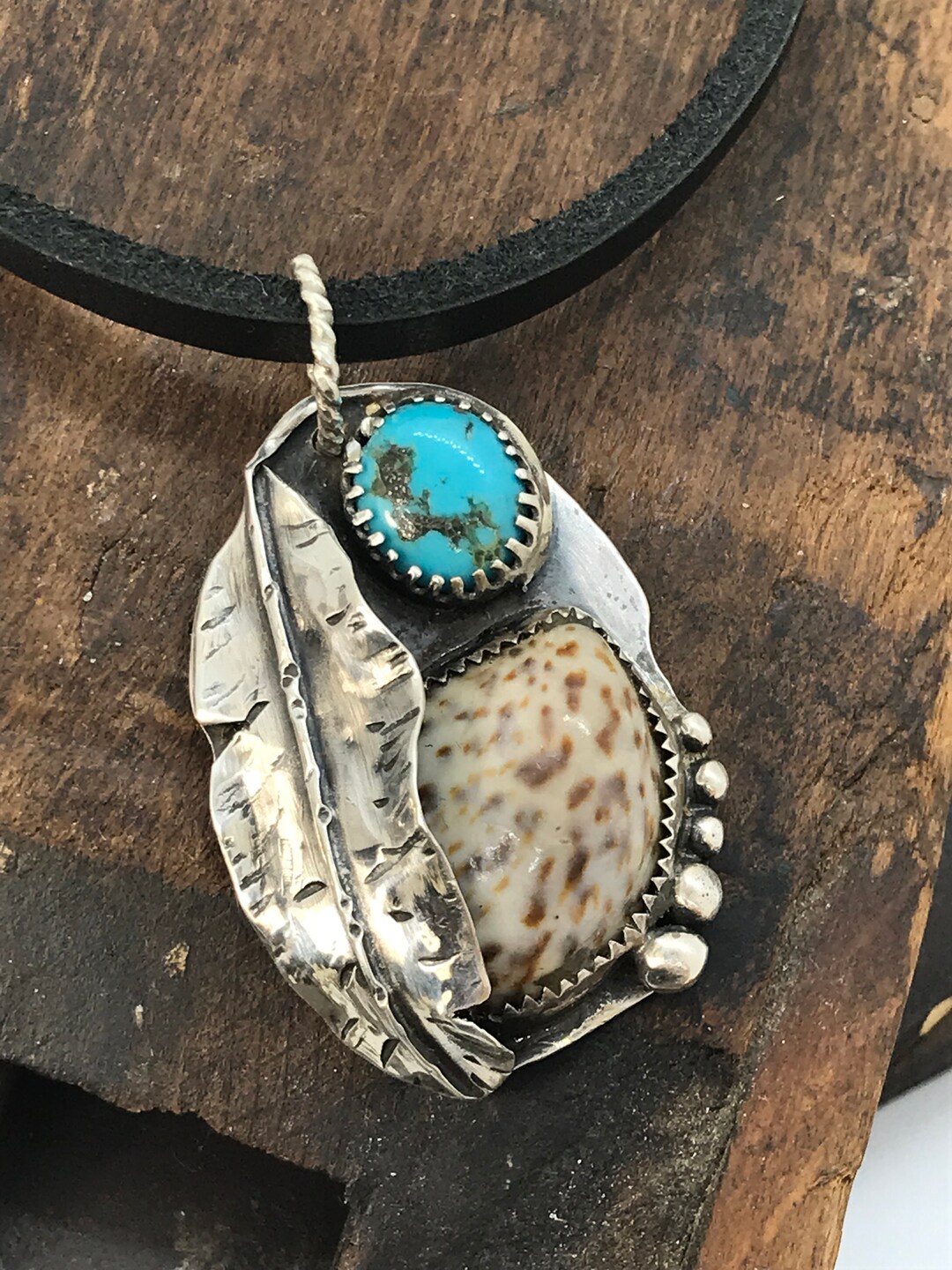 Spotted Slipper Shell, Turquoise, Hand-forged Feather Pendant on ...