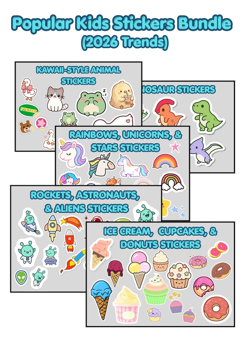 Kids Sticker Bundle | Kawaii Animals, Dinosaurs, Unicorns, Space ...
