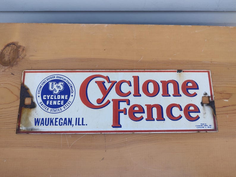 Vintage Cyclone Fence Metal Porcelain Advertising Sign Waukegan ...