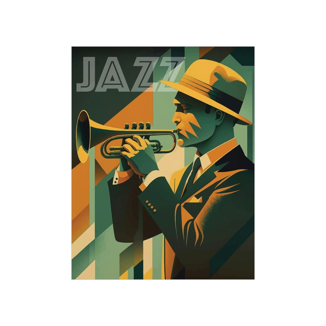 Jazz Print on Paper, Art Deco Style Modern Green and Orange Music Art ...