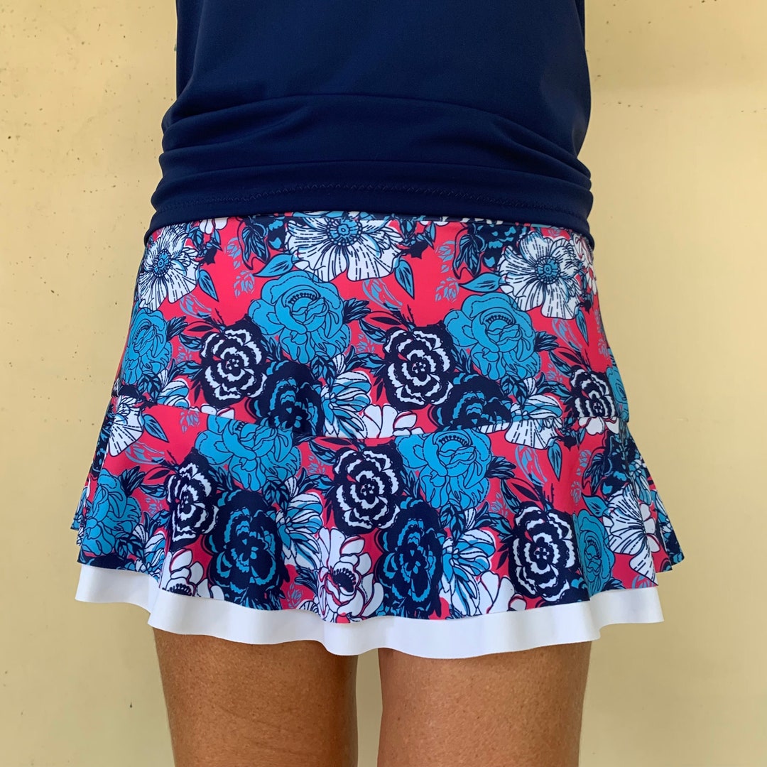 Pickleball Running Tennis Skort Navy Pink Turquoise Floral Print Ruffle ...