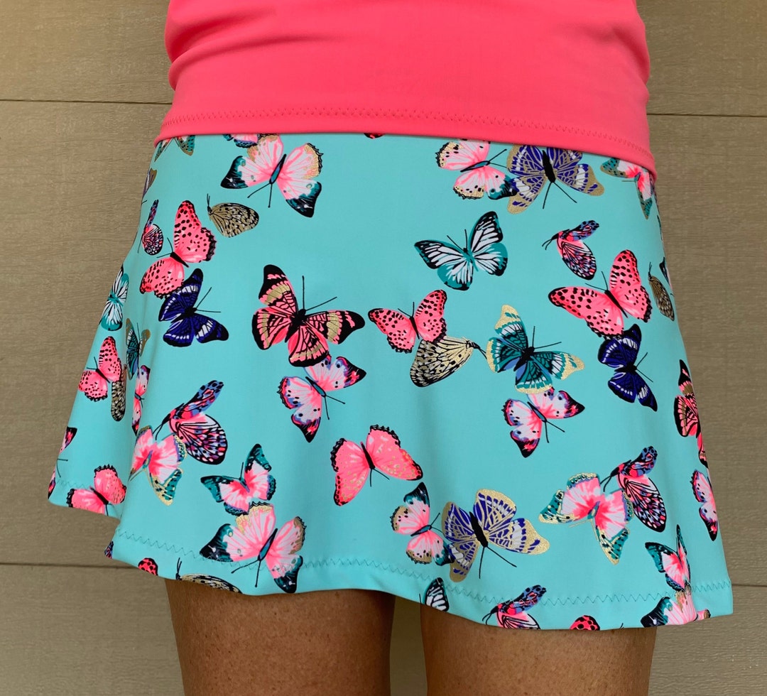 Activewear Skort Aqua Pink Lurex Butterfly Print Running Exercise Aline ...