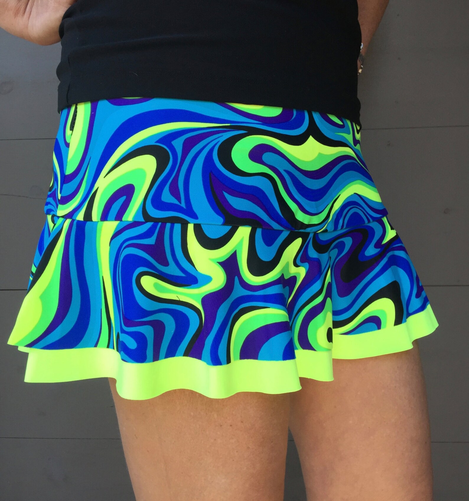Pickleball Tennis Skort Psychedelic Neon Yellow Blue Ruffle Running ...