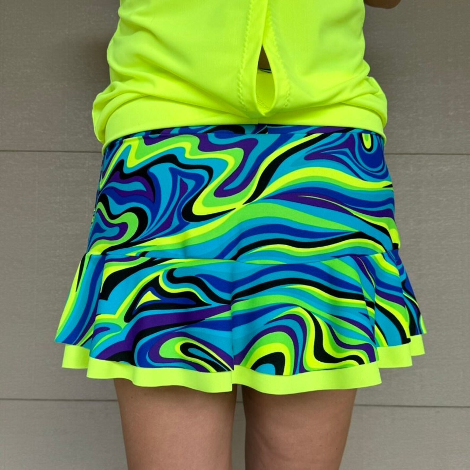 Pickleball Tennis Skort Psychedelic Neon Yellow Blue Ruffle Running ...