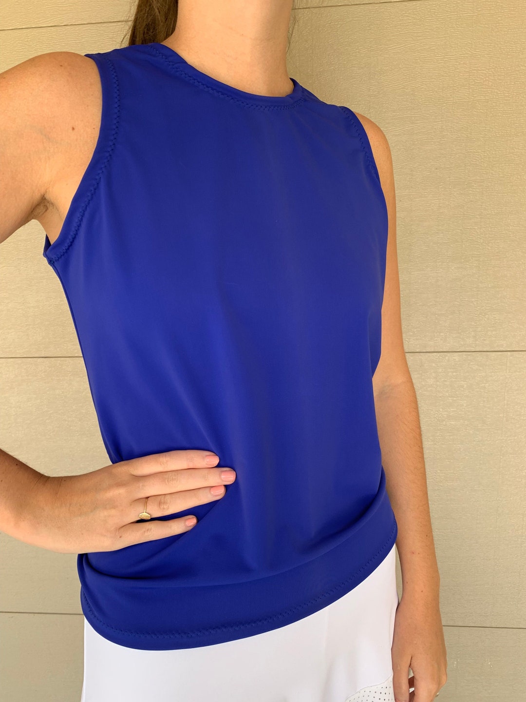 Sapphire Blue High Neck Split Back Tieback Sleeveless Tank Top Sports ...