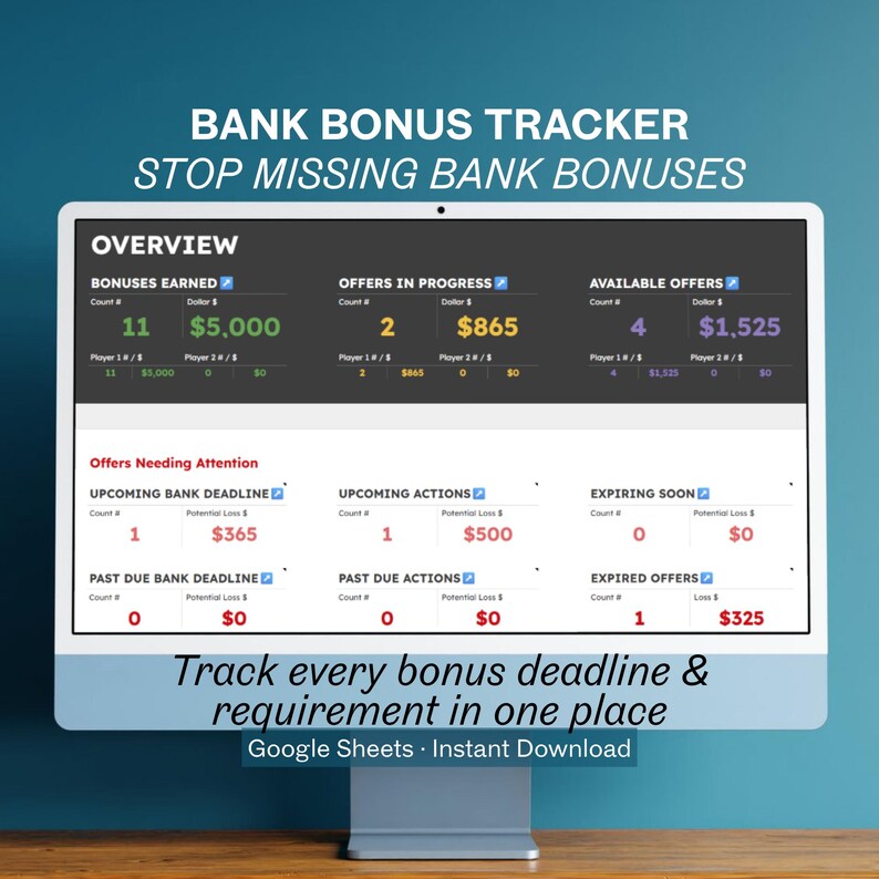 Bank Bonus Tracker Spreadsheet | Bank Churning Tracker | Google Sheets ...