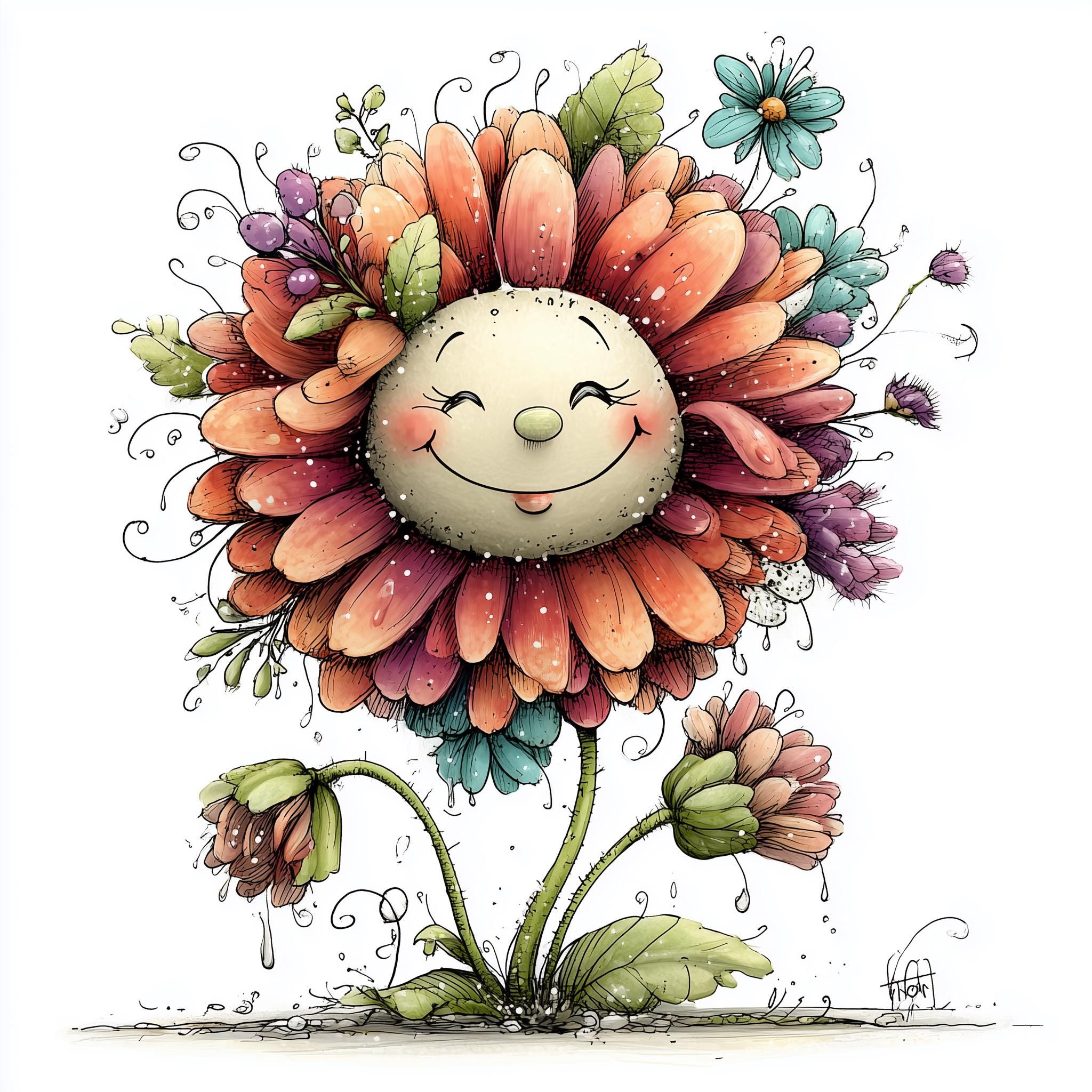 33 JPG Whimsical Happy Face Flowers Clipart, Cute Watercolor Smiling ...