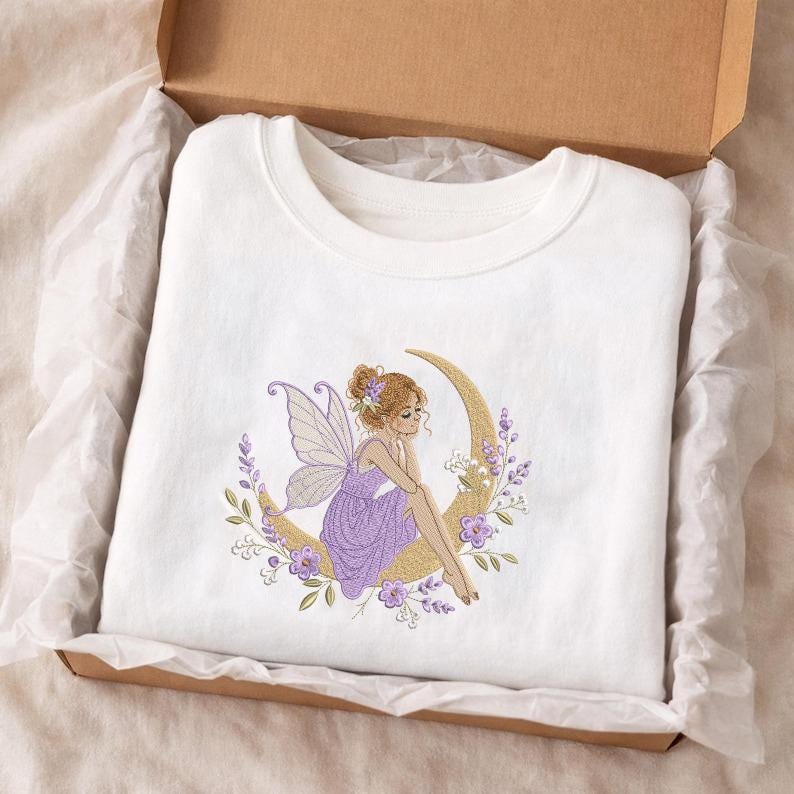 Fairy Moon Embroidery Design, Lavender Floral Crescent Machine File (5 ...