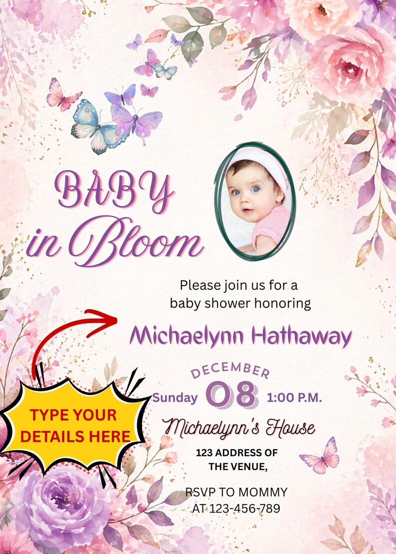 Baby in Bloom Butterfly Baby Shower Invitation, Pink Wildflower Girl ...