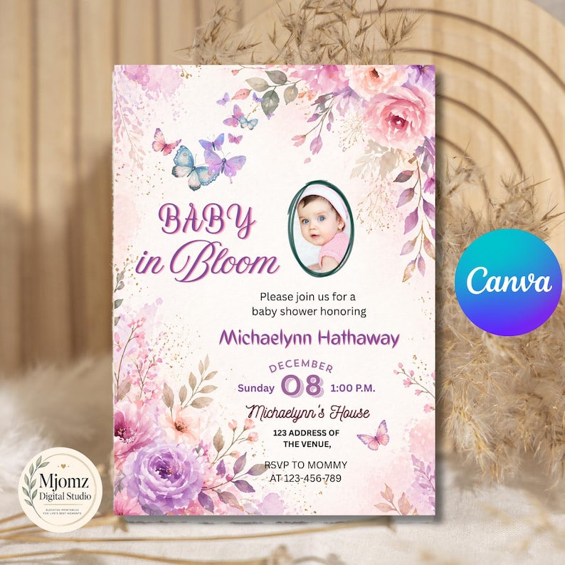 Baby in Bloom Butterfly Baby Shower Invitation, Pink Wildflower Girl ...