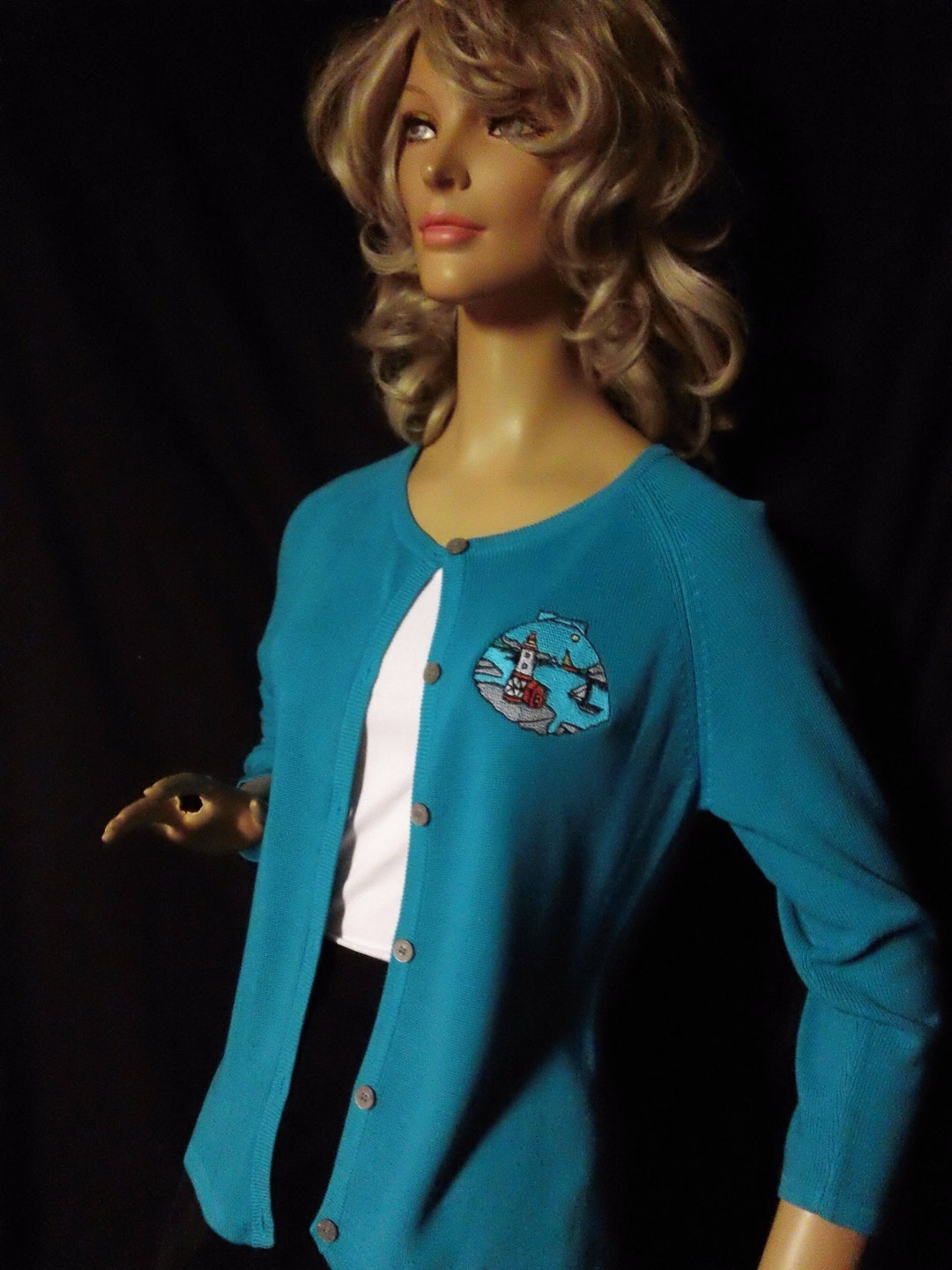 Vintage Lighthouse Embroidered Original Island Sport Blue Long Sleeve ...