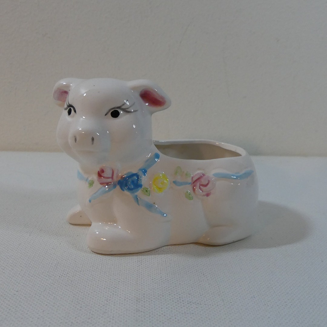 Vintage Ceramic Pig Planter With Flower & Bow Design - Etsy