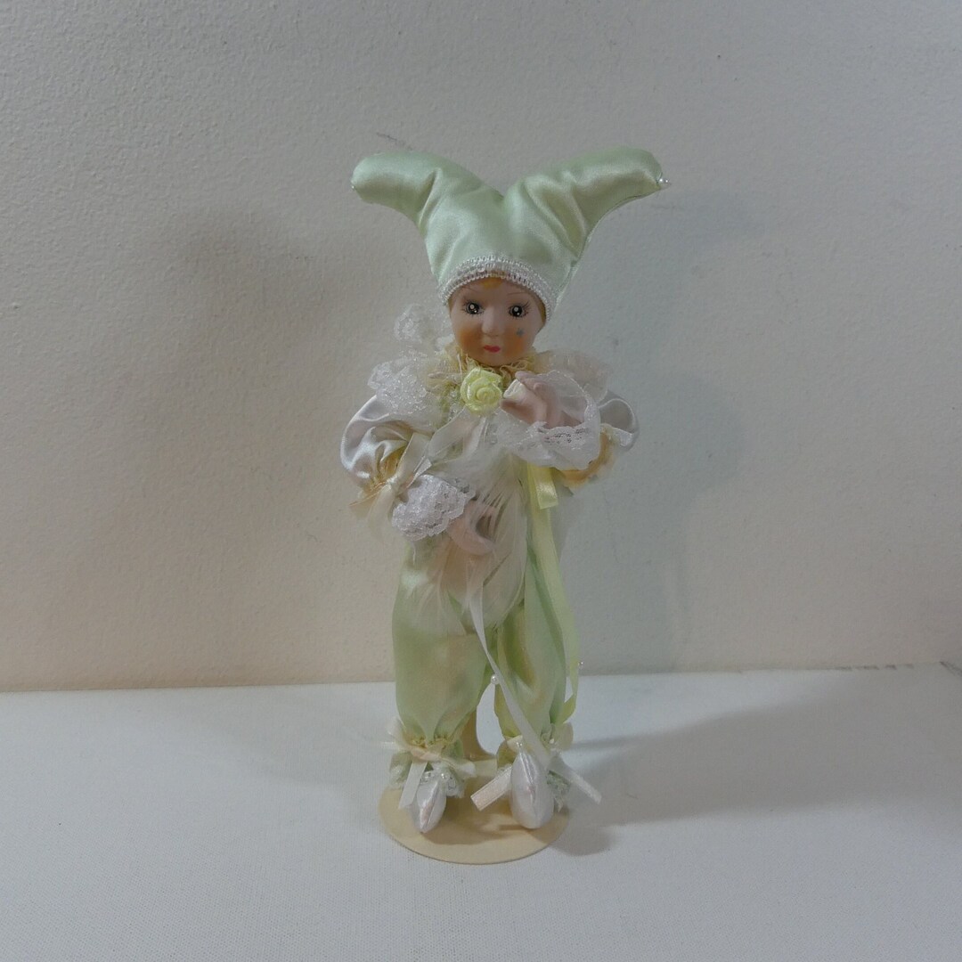 Vintage Harlequin Jester Clown 9" Porcelain Doll With Stand - Etsy