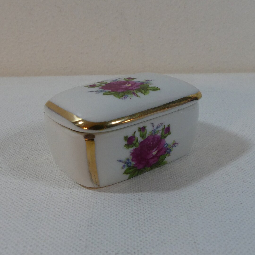 Vintage Porcelain Lidded Trinket Box With Floral Graphic & Gold Accents ...