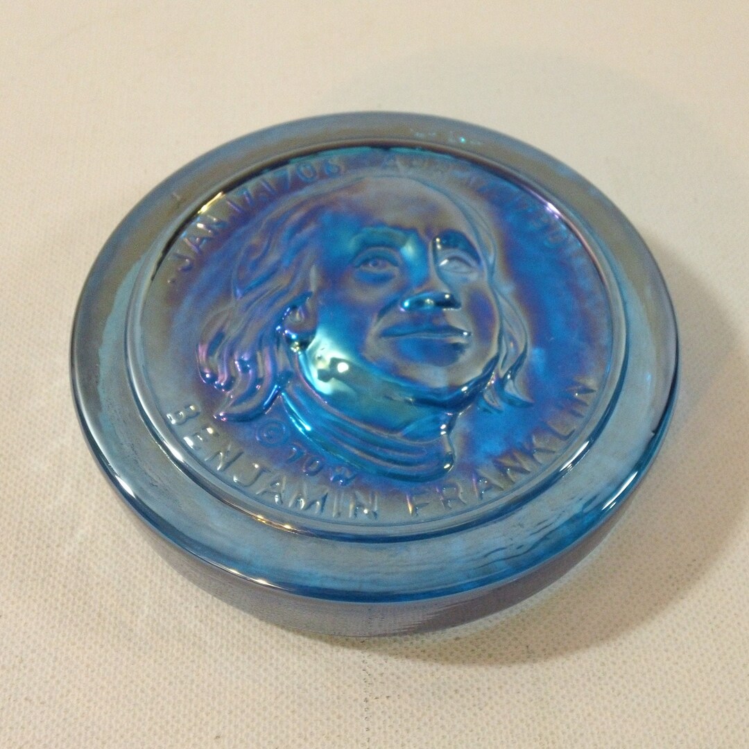 Vintage 70s Wheaton Blue Carnival Glass Benjamin Franklin Paperweight ...