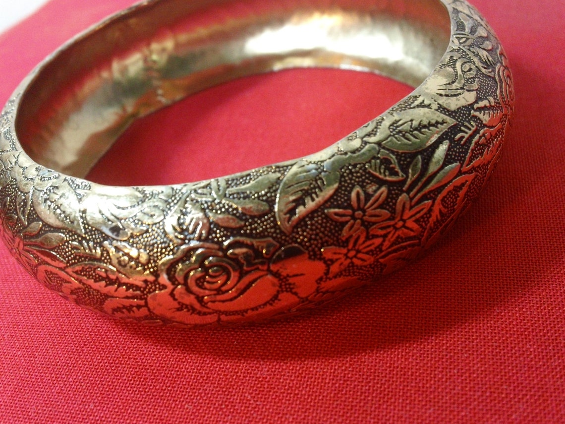 Vintage Floral Rose Etched Design Gold Tone Bangle Retro | Etsy