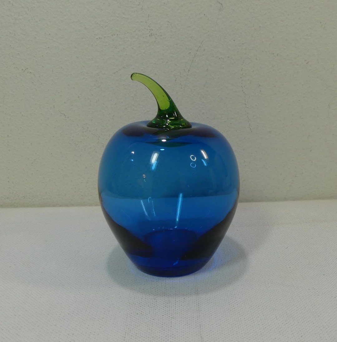 Art Glass Blue Apple-shaped Fruit With Applied Green Stem Paperweight ...