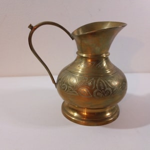 Vintage India Brass Pitcher With Etched Flower & Leaf Design - Etsy