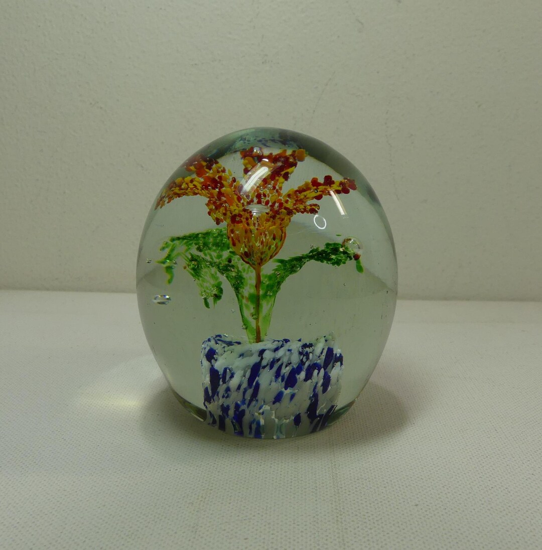 Blown Art Glass Paperweight With Encased Flower Design - Etsy