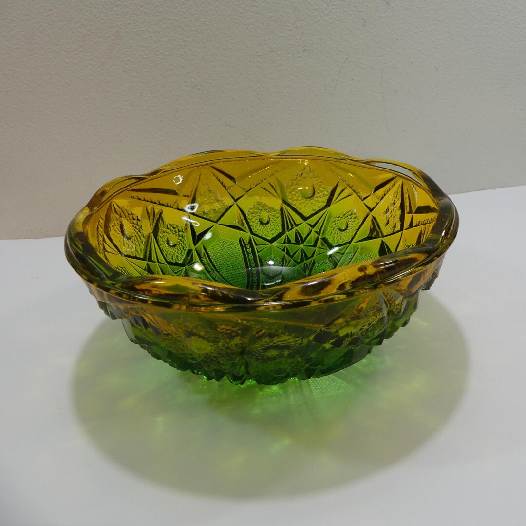 Vintage 70s Jeanette Fentec Pattern Green & Amber Glass 8" Bowl #789 - Etsy