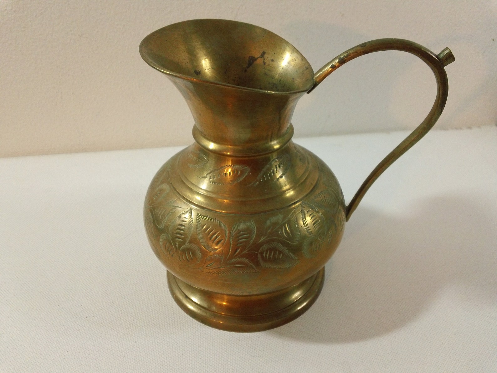 Vintage India Brass Pitcher With Etched Flower & Leaf Design - Etsy