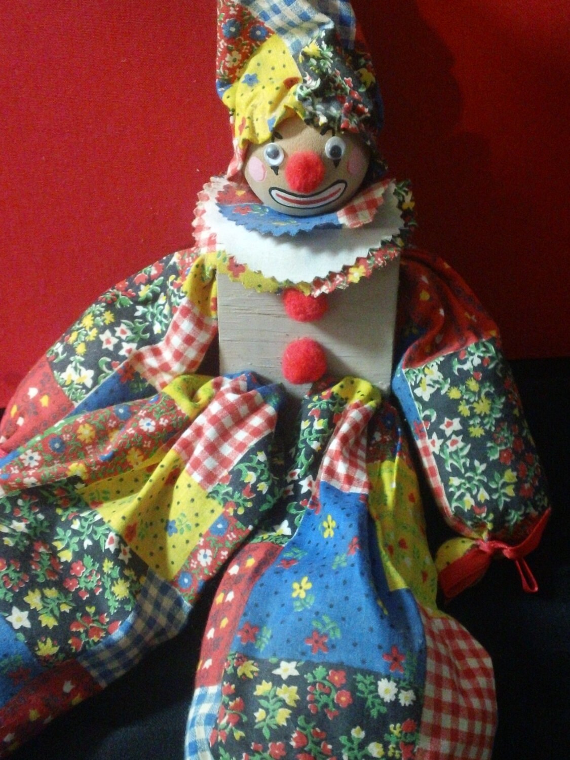 Vintage Wood Block Clown Shelf Sitter Doll with Patchwork | Etsy