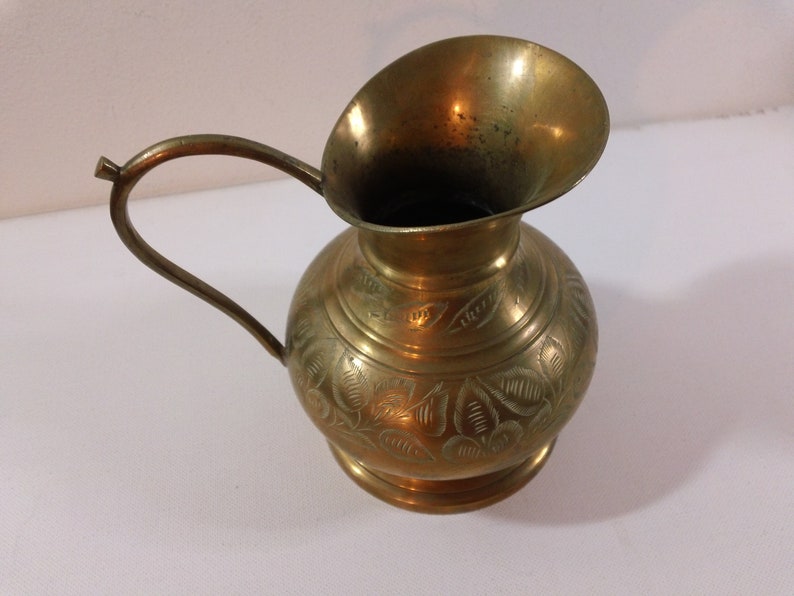 Vintage India Brass Pitcher With Etched Flower & Leaf Design - Etsy
