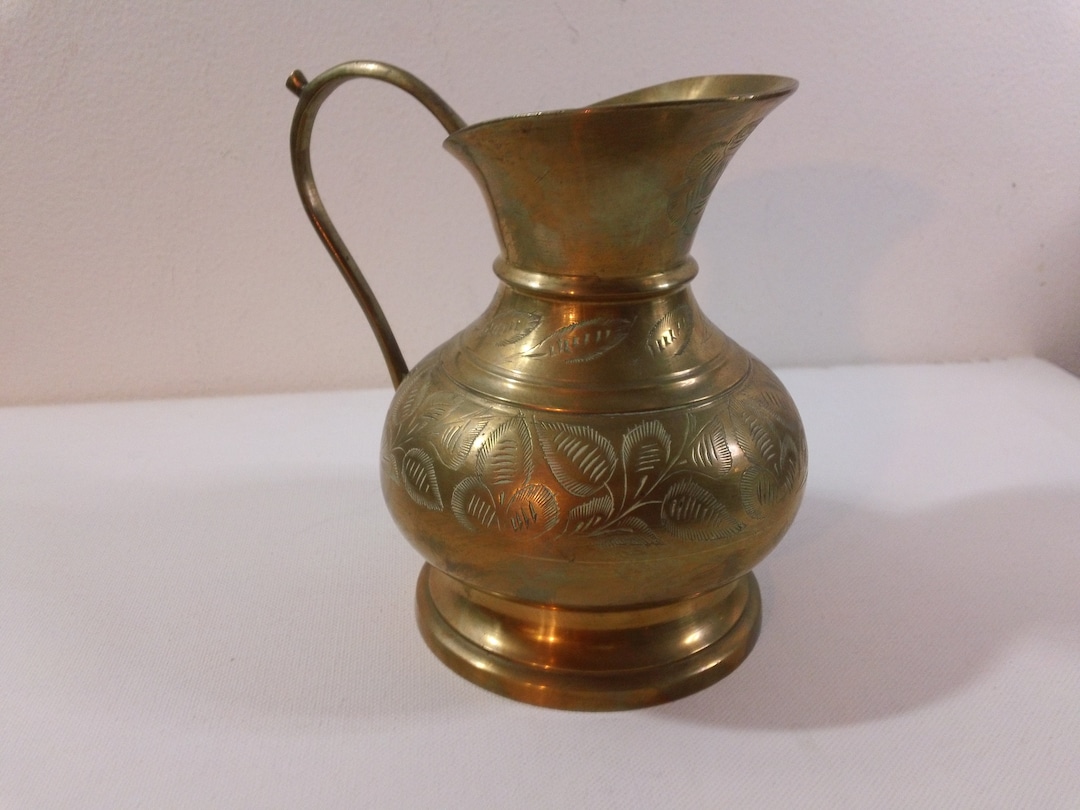 Vintage India Brass Pitcher With Etched Flower & Leaf Design - Etsy