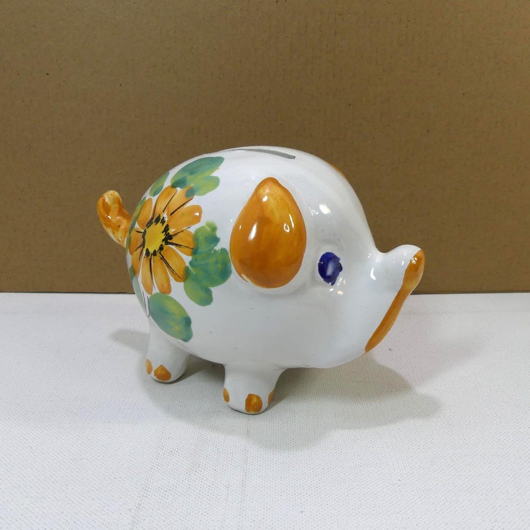 Vintage Hand-painted Ceramic Pig With Dog Face Coin Bank With Floral ...