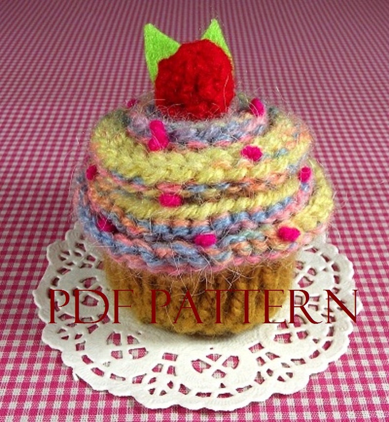 KNITTING PATTERN PINCUSHION Cupcake Needlecraft Cherry Candy Ornament ...