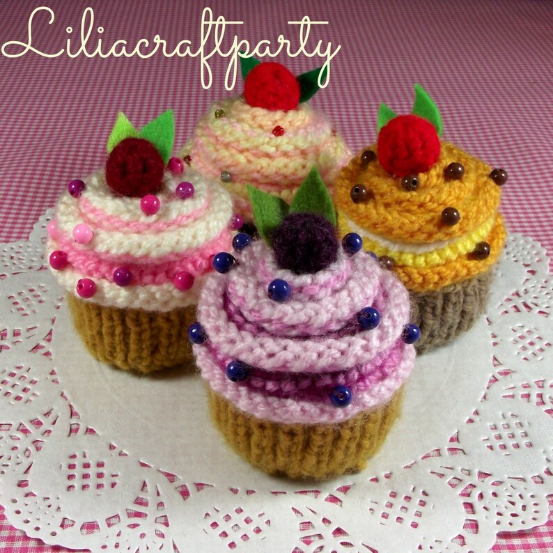 KNITTING PATTERN PINCUSHION Cupcake Needlecraft Cherry Candy Ornament ...
