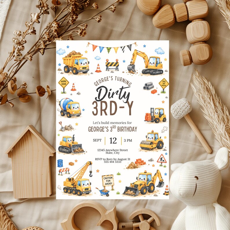 Editable Dirty 3rd-y Construction Invitation Template, Kids Boy Third ...