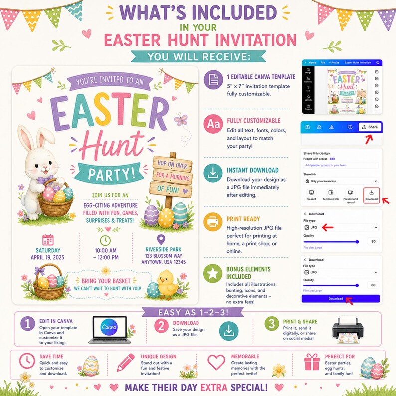 Editable Easter Hunt Invitation Card, Easter Party Invite, (canva ...