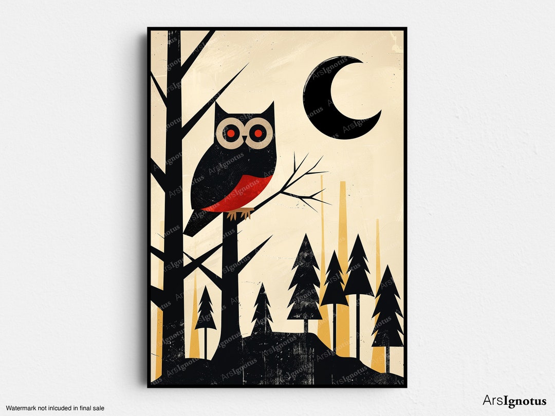 Night Watch Owl Mid-century Modern Printable Art, Vintage, Retro Wall ...