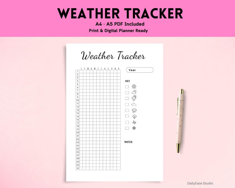 Weather Tracker Printable PDF, Yearly Weather Log, Climate Tracker A4 ...