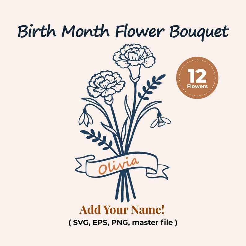 Custom Birth Month Flower Bouquet SVG, Personalized Family Floral Name ...